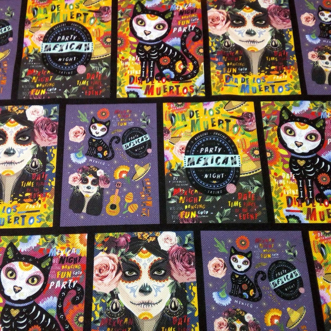 Dia De Los Muertos Fabric: Woman, Cat & Skull Pattern - Etsy