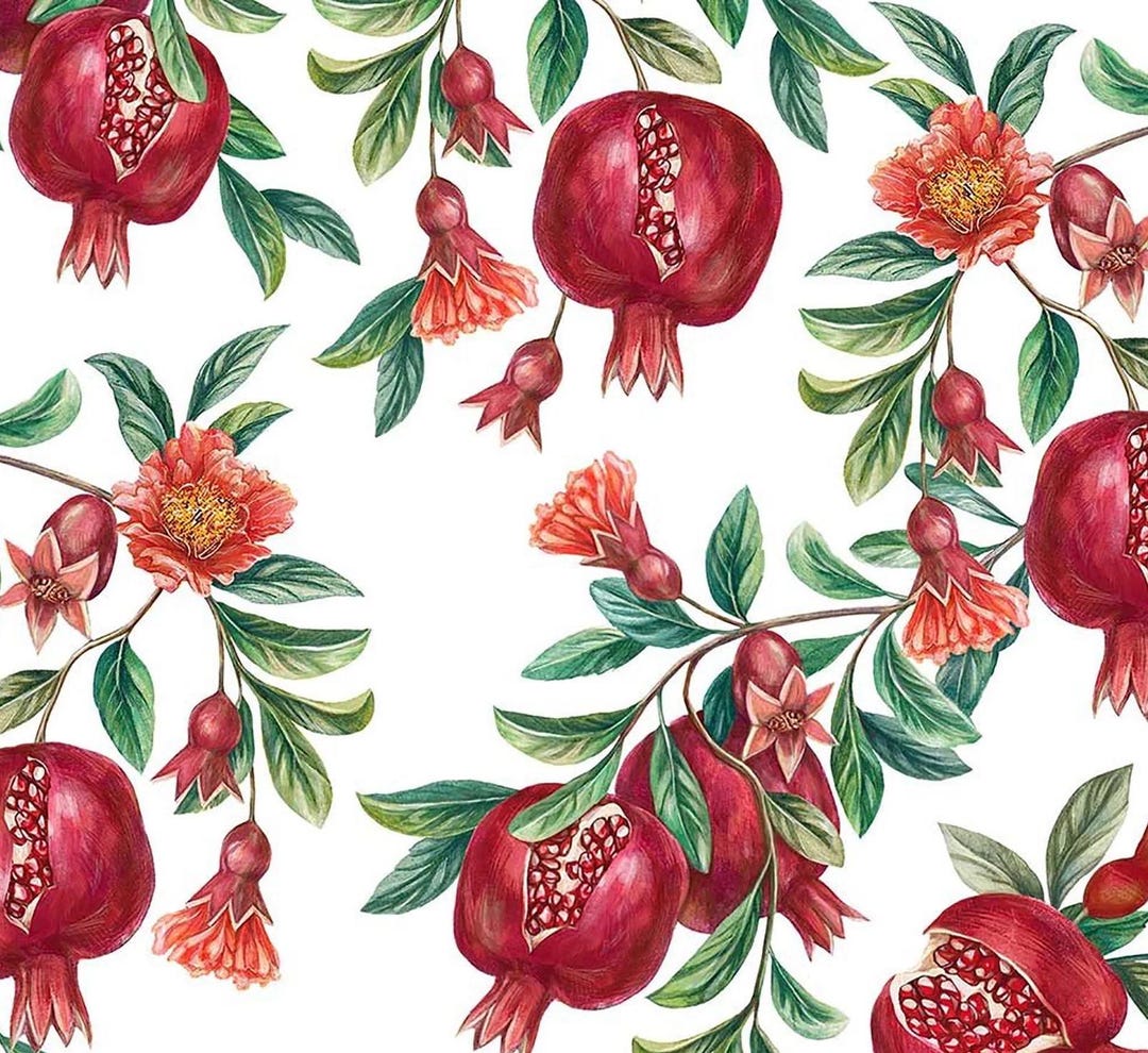 Pomegranate Flower Fabric: White Background Upholstery Fabric by the ...