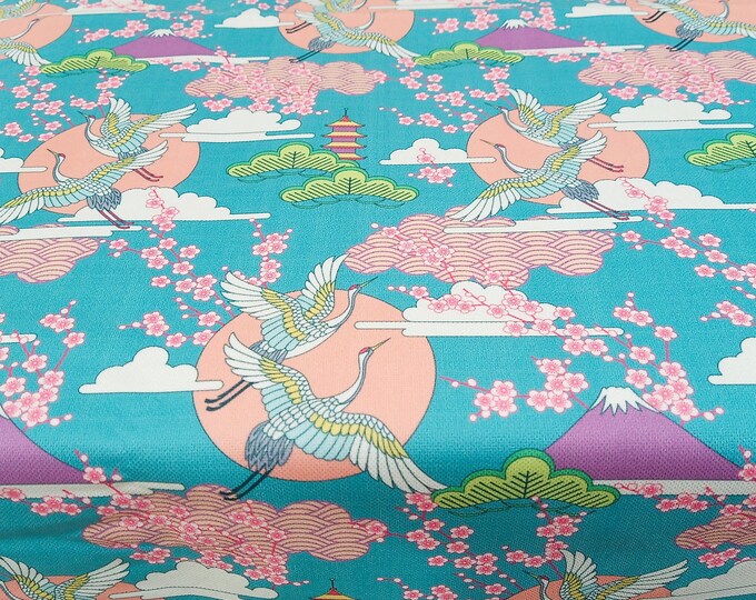 Japanese Crane Fabric: Mount Fuji Pattern, Green Upholstery Fabric by ...