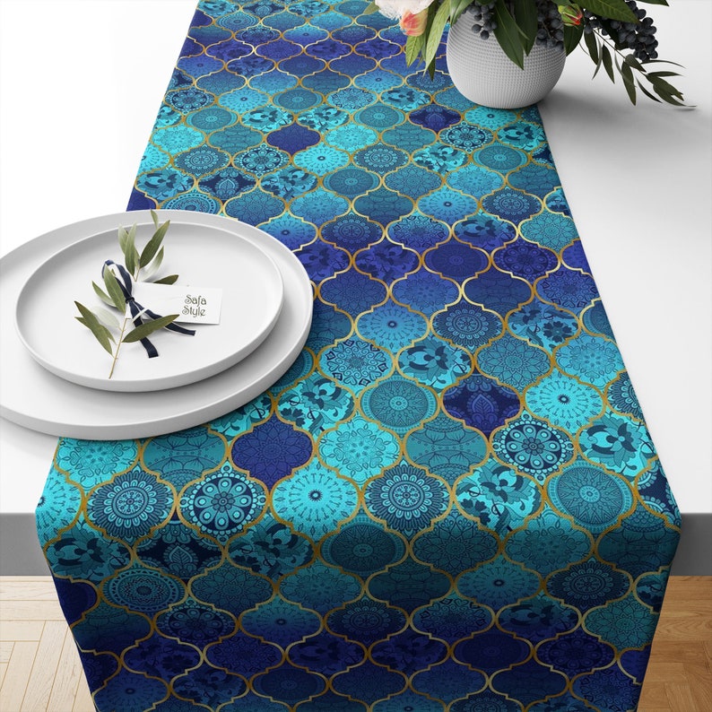 Blue Moroccan Patterned Digital Printed Table Runner, Blue Table Runner ...