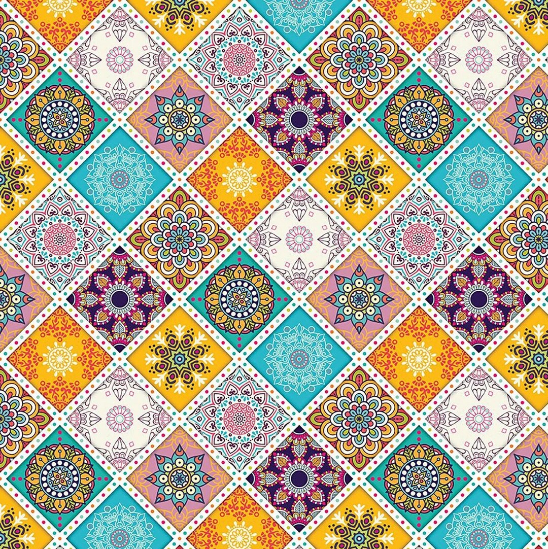 Orange Blue Mandala Patchwork Pattern Digital Printed Decorative Fabric ...
