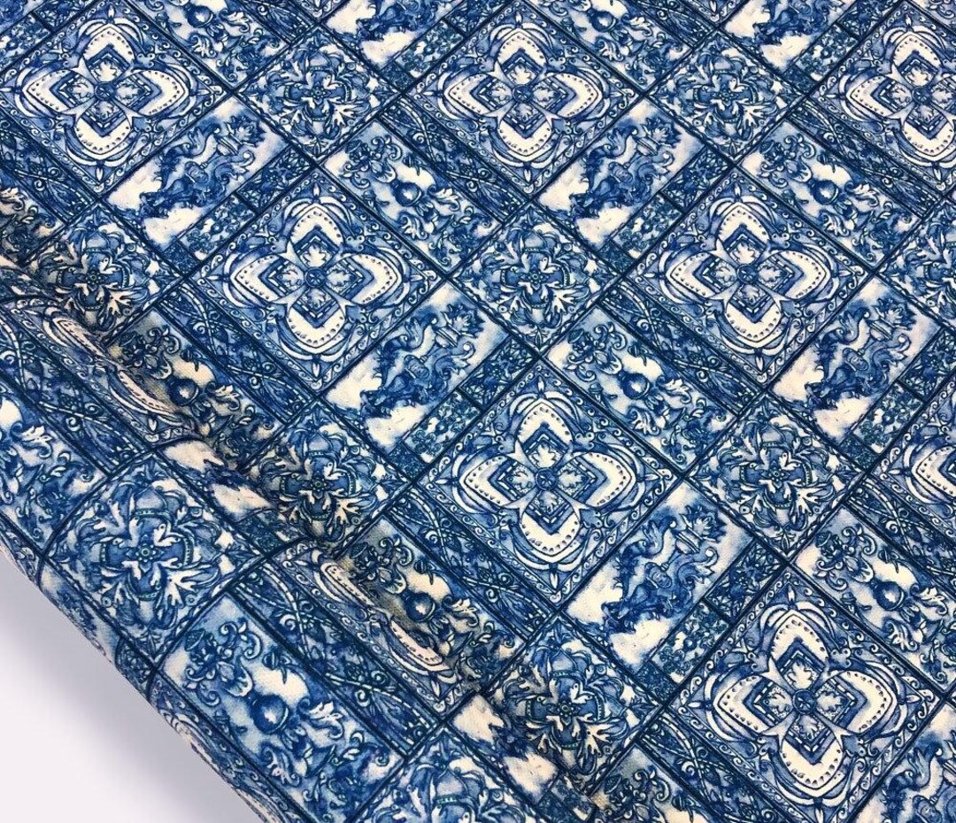 Blue Ink Colored Tile Pattern Digital Printed Durable Decorative Fabric ...