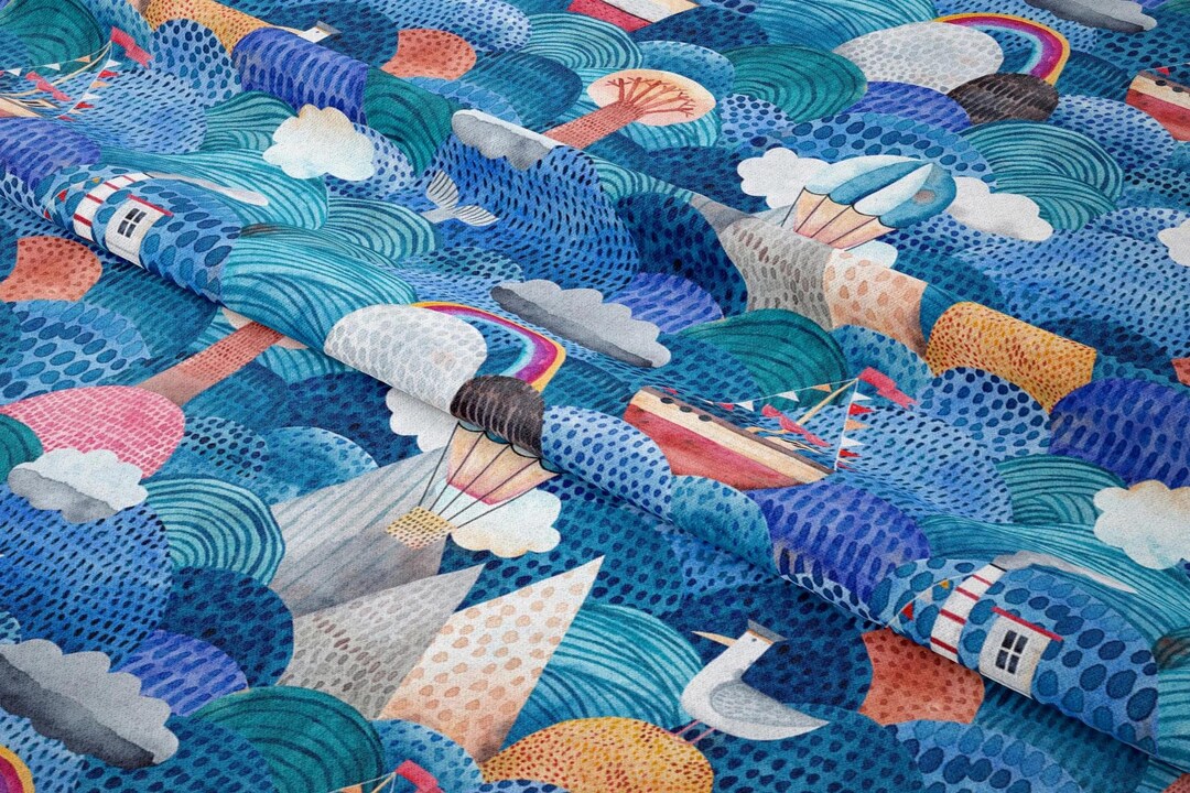 Ships Reefs Sea Balloon Pattern Blue Watercolor Style Digital Printed ...