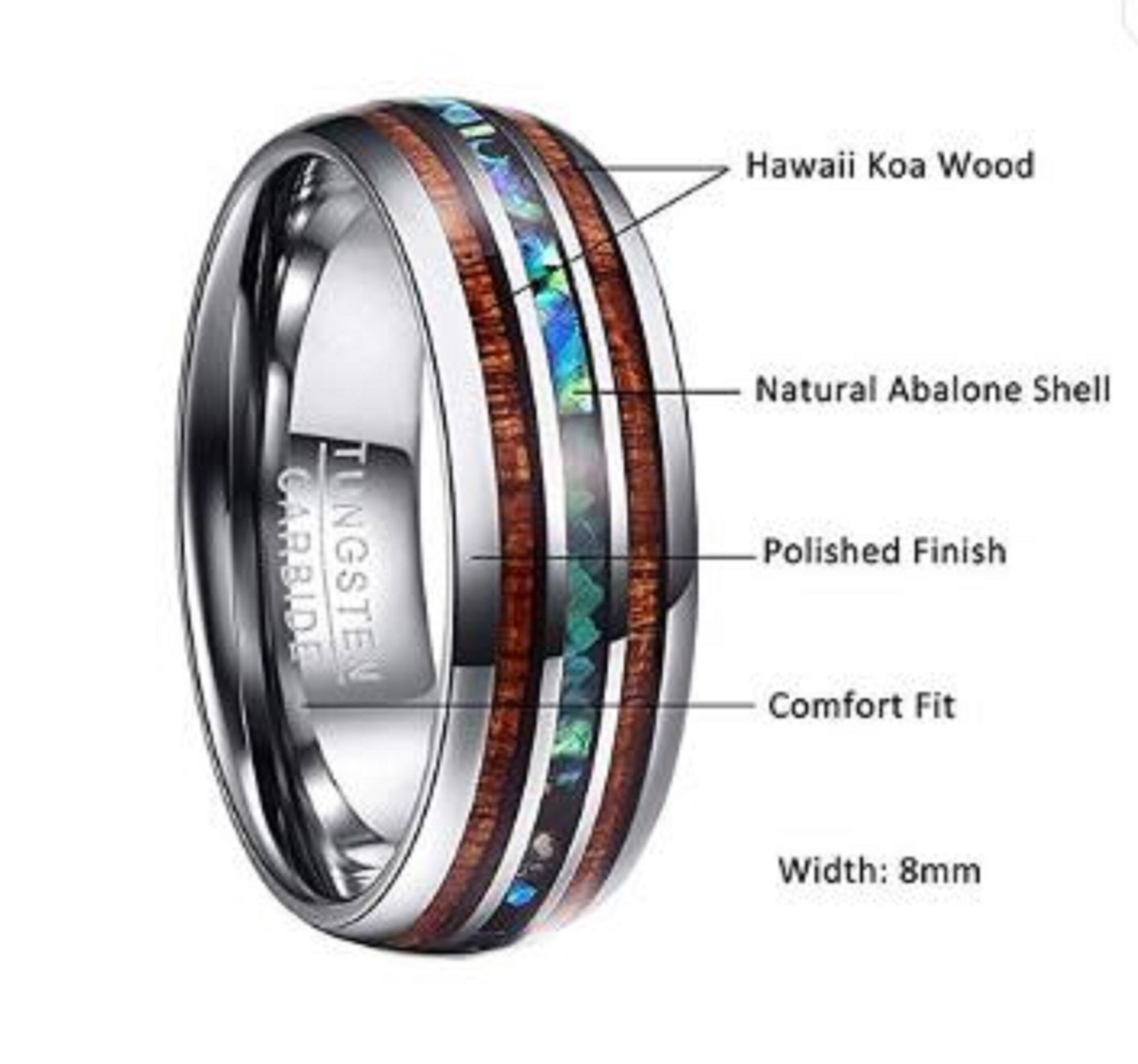 Hawaiian Koa Ring Tungsten Carbide Silver band Natural Abalone Shell Hawaiian Koa Wood Inlay Engagement Anniversary Wedding Etsy