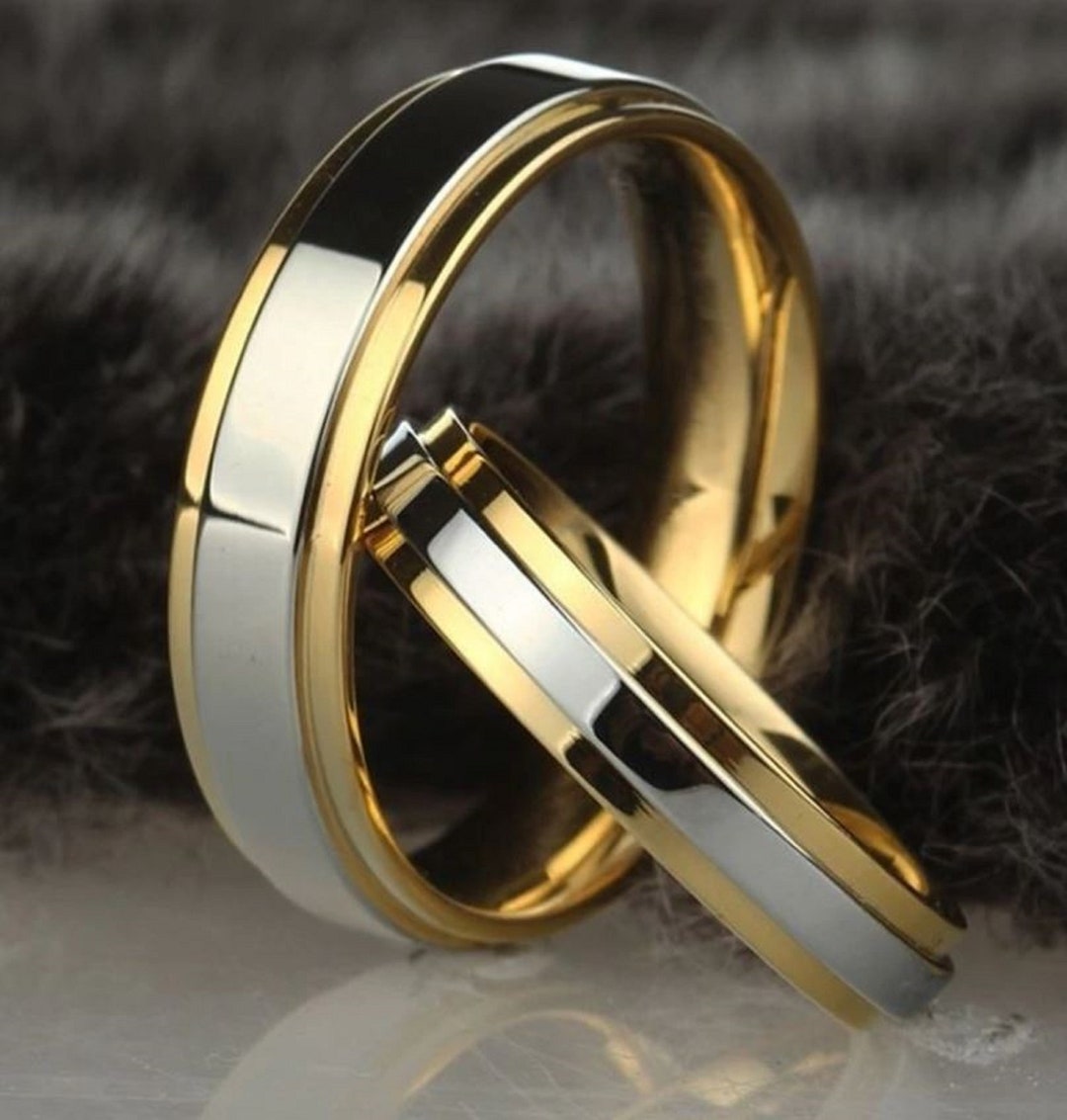 Gold Stainless Steel Couples Ring Set for Him & Her Plated Bands ...
