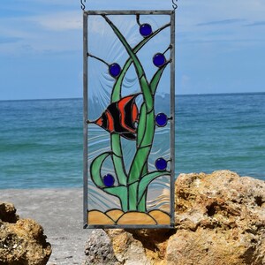 Ocean Life Colorful Red Fish Stained Glass Window Panel 3D Bubbles - Etsy