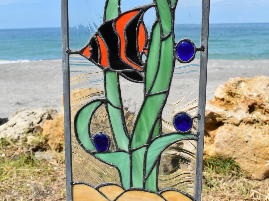 Ocean Life Colorful Red Fish Stained Glass Window Panel 3D Bubbles - Etsy
