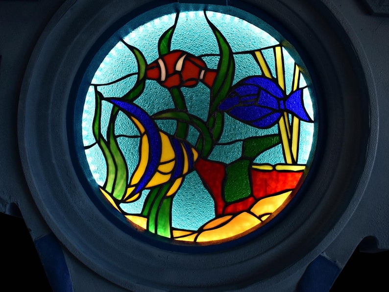 Coastal Stained Glass Portal Window Light Tropical Fish Wall Mount ...