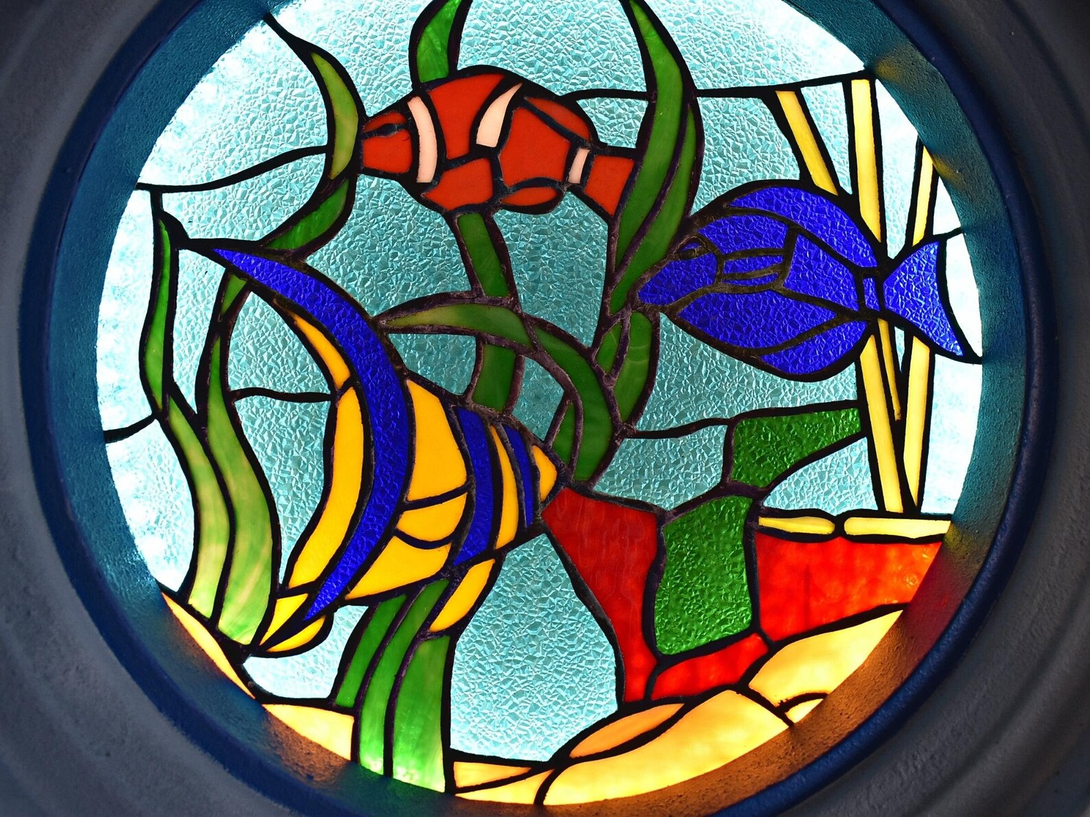Coastal Stained Glass Portal Window Light Tropical Fish Wall Mount ...