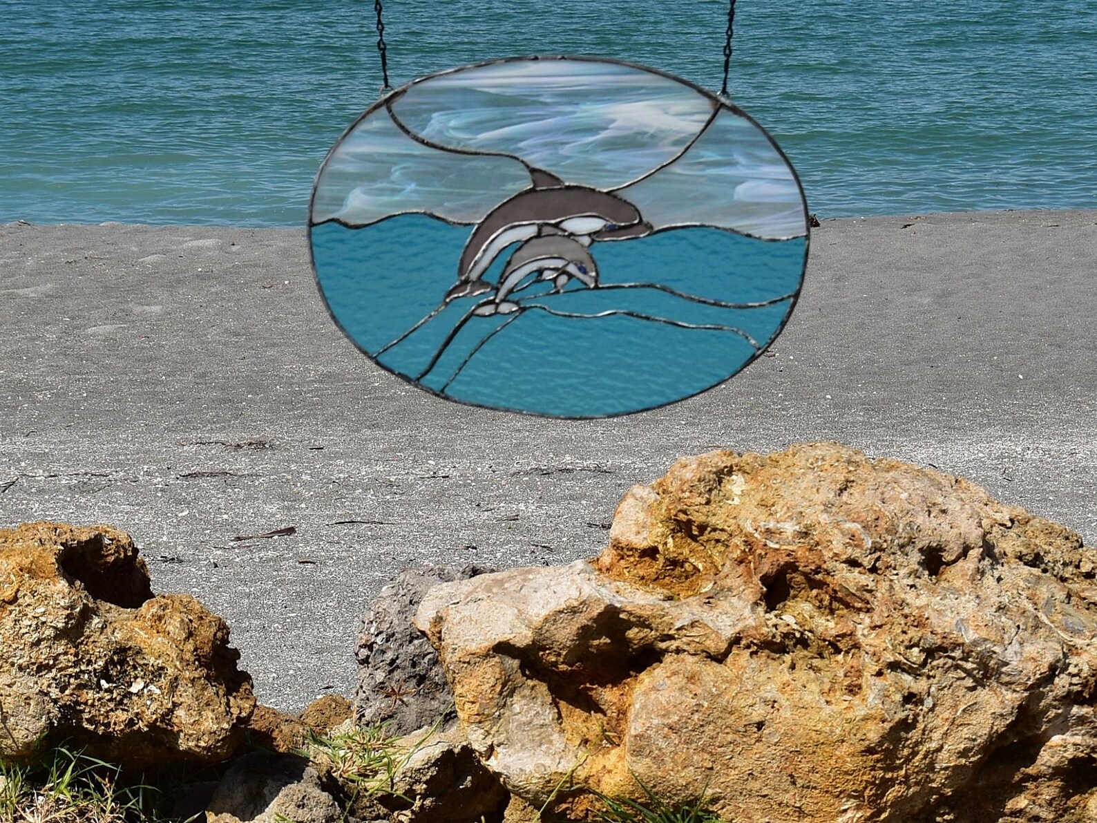 Playful Dolphins on Gulf Stained Glass Window Panel, Dolphins Jumping ...
