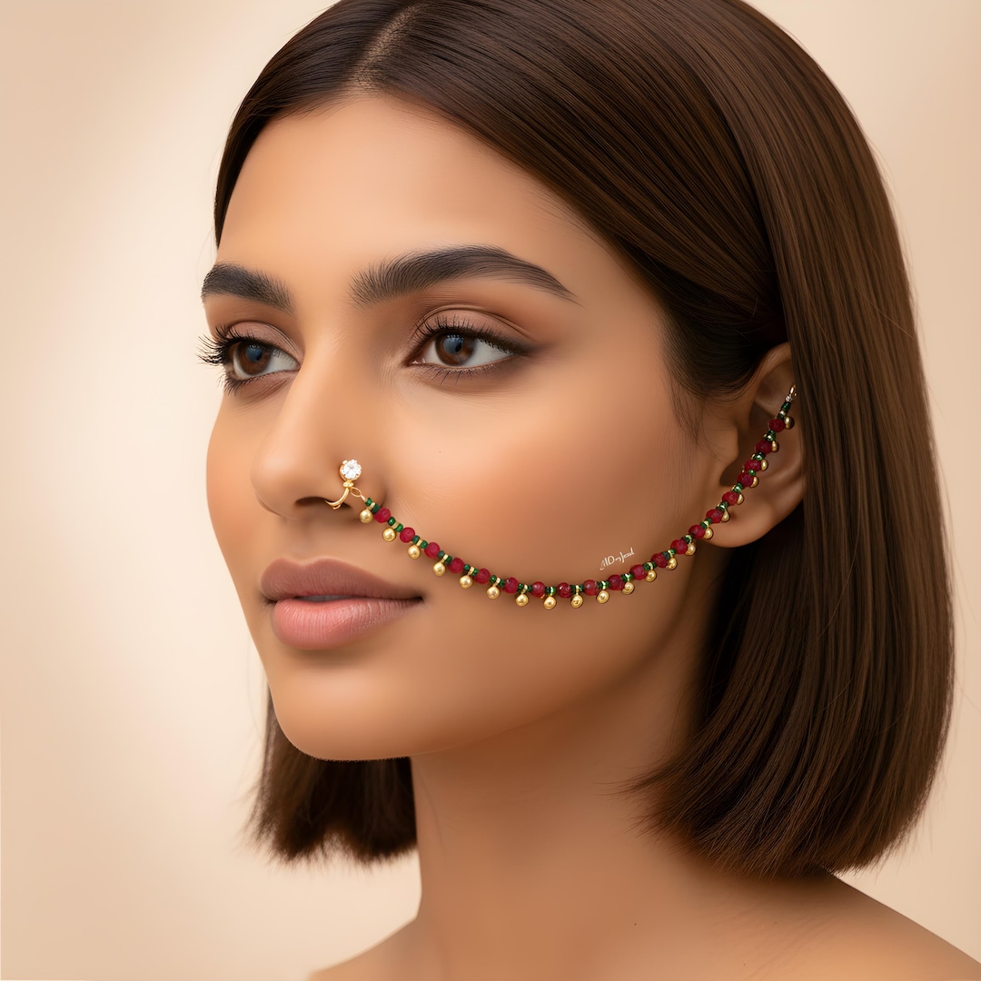 Indian Nose Ring With Ear Chain, Beaded Nose Piercing, Bridal Nath ...