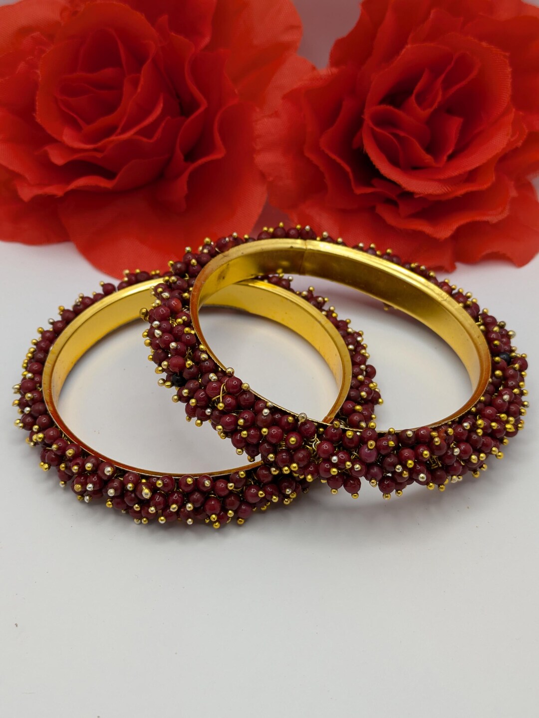 2PCS Deep Red Pearl Bangles Size 2.10, Gajra Bangles, Kangan, Kara ...