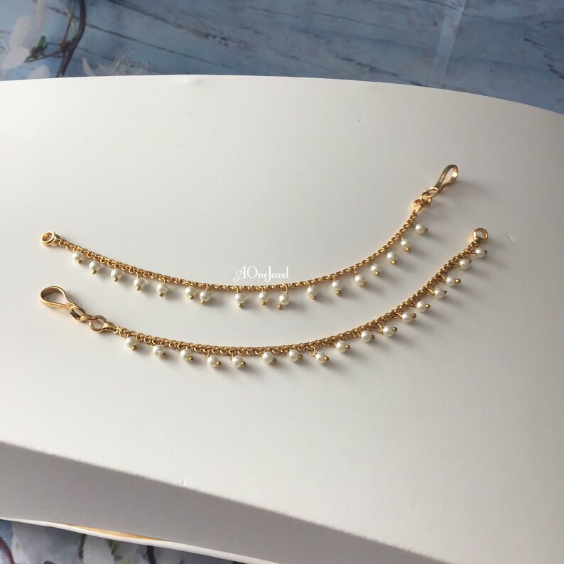 Sahara for Earrings, 1 Line Gold Pearl Ear Chain, Ear Support ...