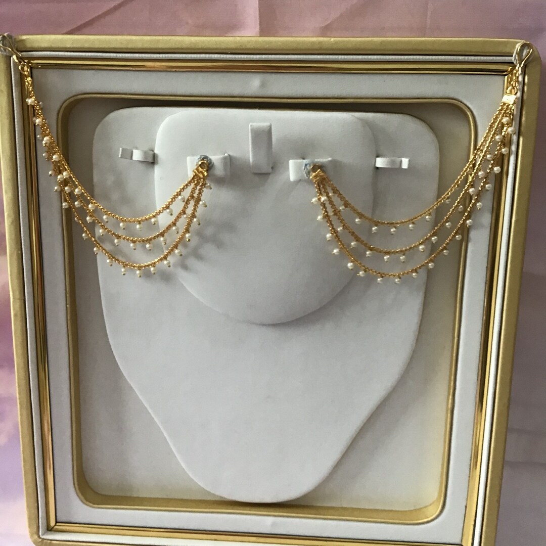 Sahara for Earrings, 3 Line Gold Pearl Ear Chain, Ear Support ...