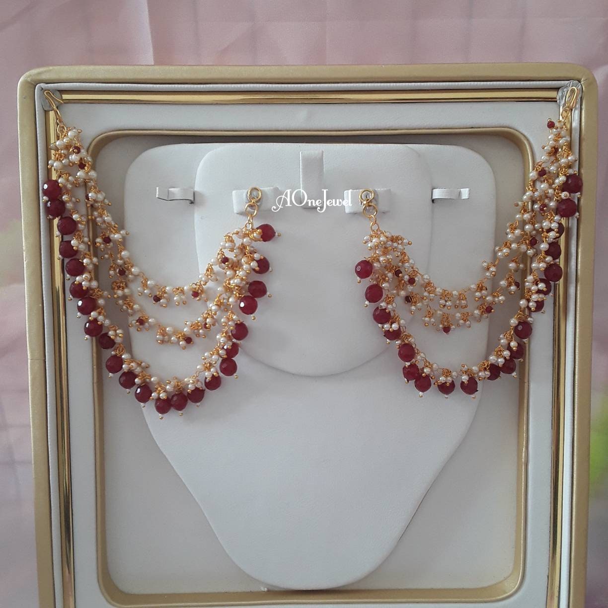 Sahara for Earrings Gold Plated Maroon Pearl Ear Chain Ear - Etsy