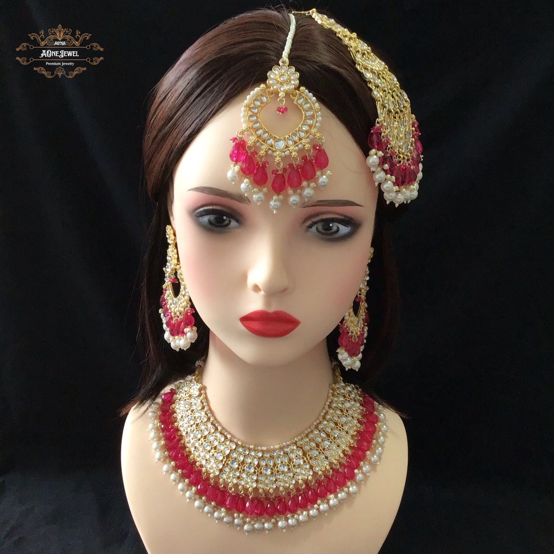Indian Bridal Kundan Necklace Set, Pink Pearls, Jhoomar Tikka Passa - Etsy