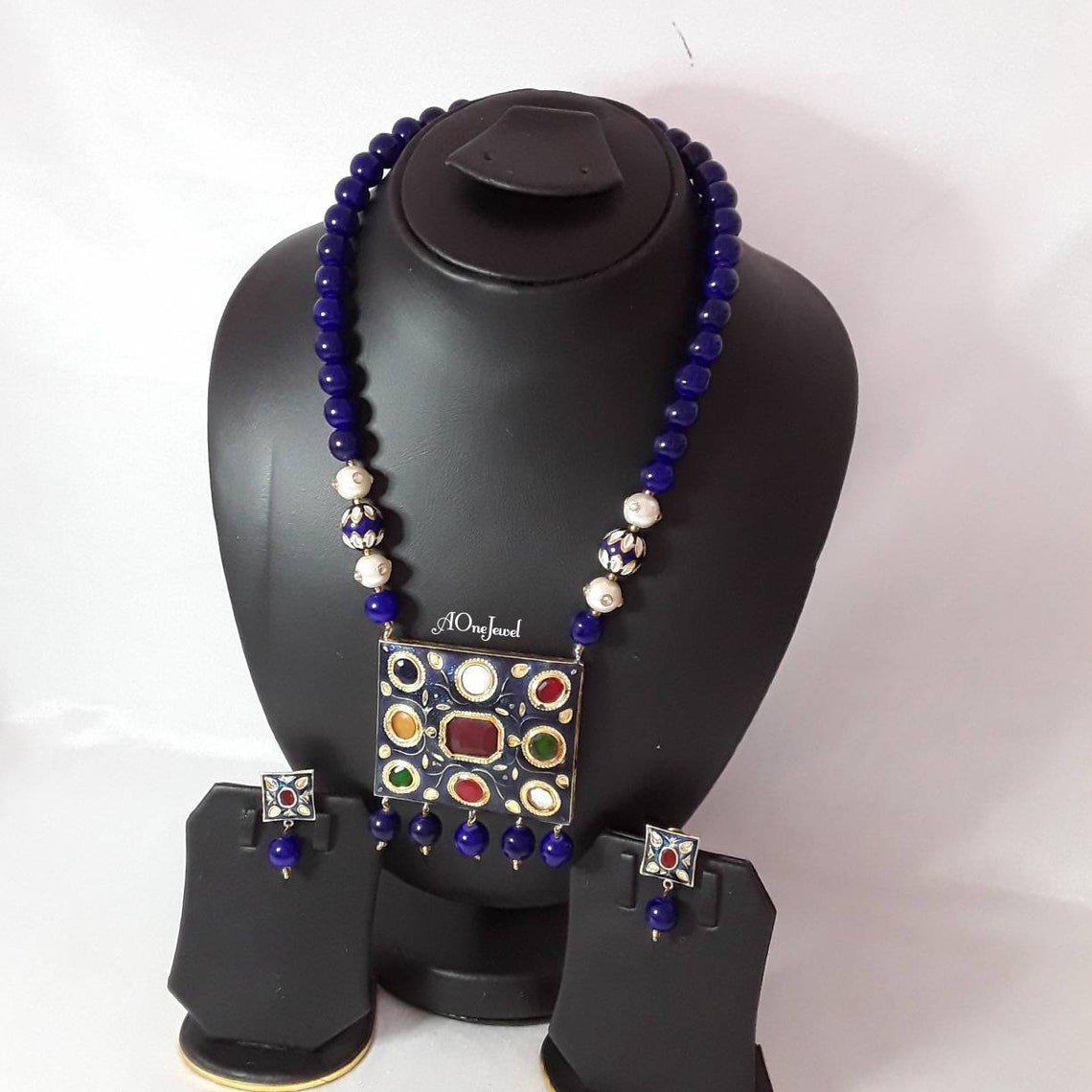 Indian Navratna Jaipuri Blue Necklace Earrings Set Pearl - Etsy