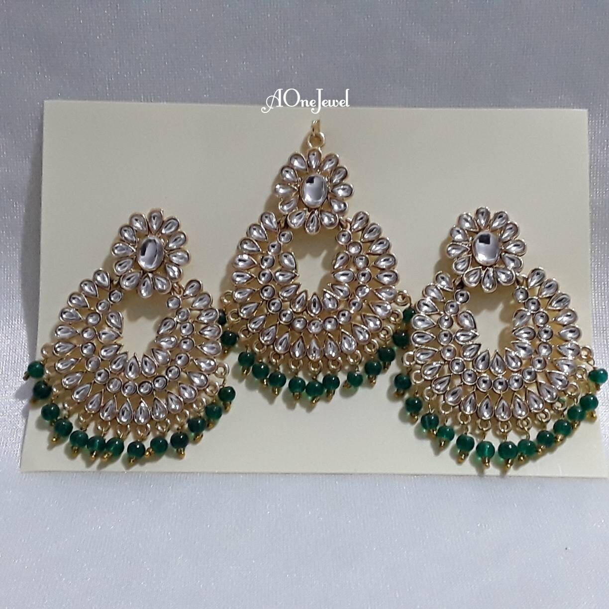 Kundan Chandbali Earrings and Maang Tikka Set, Indian Jewelry - Etsy UK
