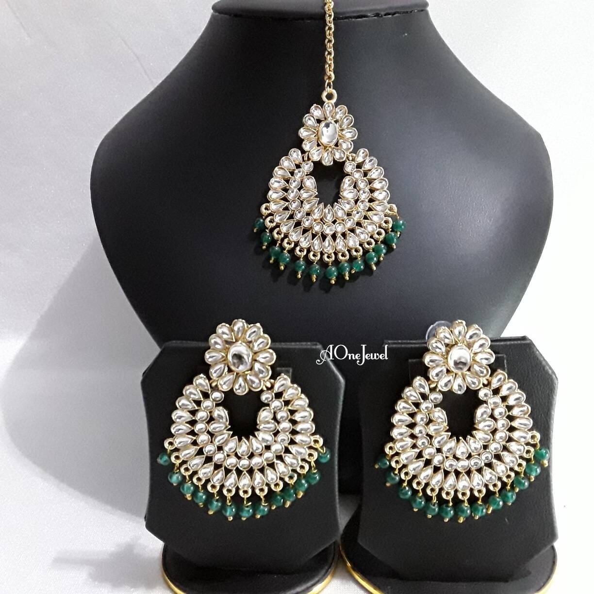 Kundan Chandbali Earrings and Maang Tikka Set, Indian Jewelry - Etsy UK
