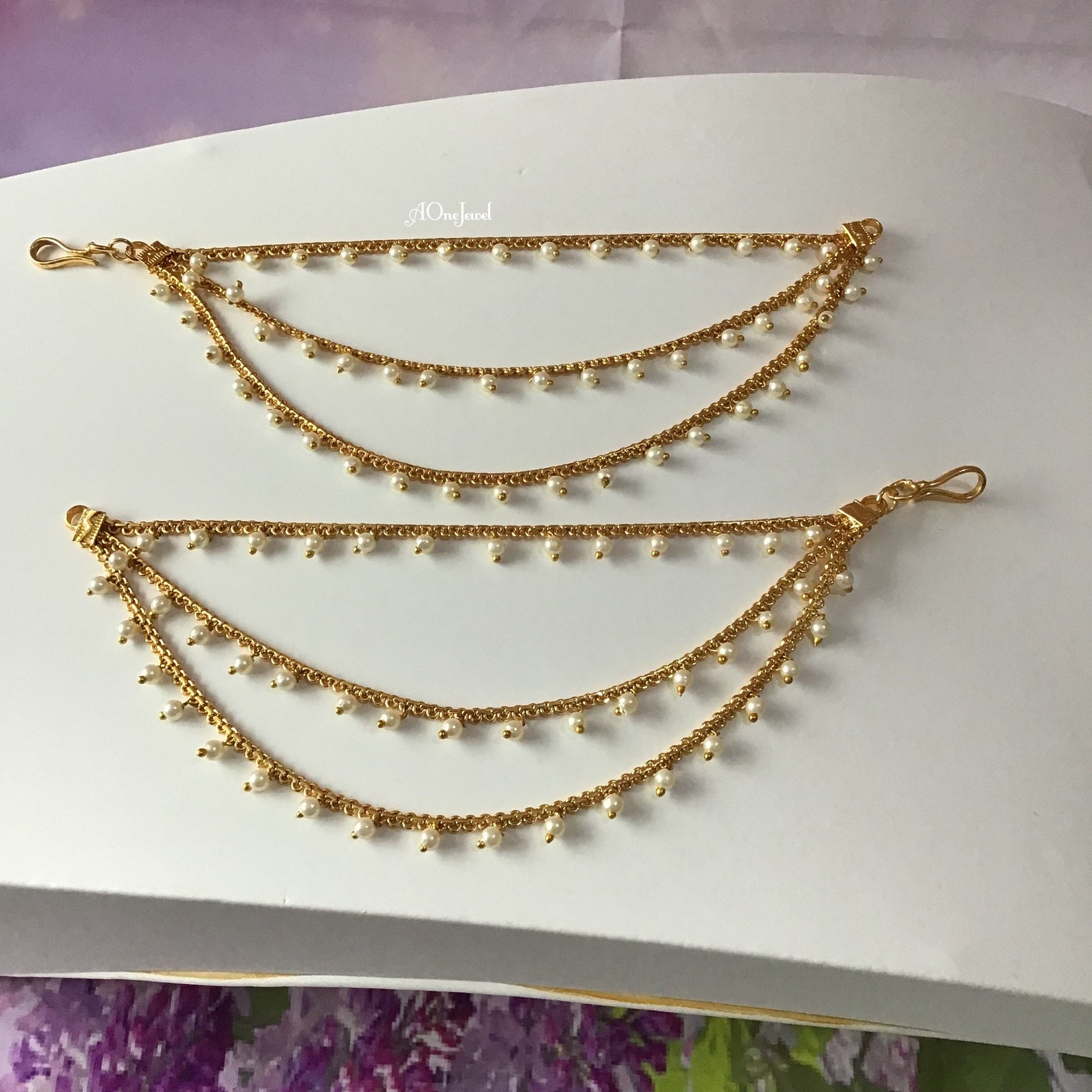 Sahara for Earrings, 3 Line Gold Pearl Ear Chain, Ear Support ...