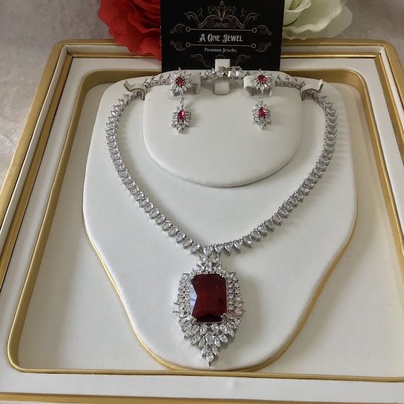 Indian Bridal CZ Diamond Ruby Pink Necklace Jewellery Set Silver Plated Wedding Necklace Set Bridal Jewellery Set bridal Necklac Set Etsy