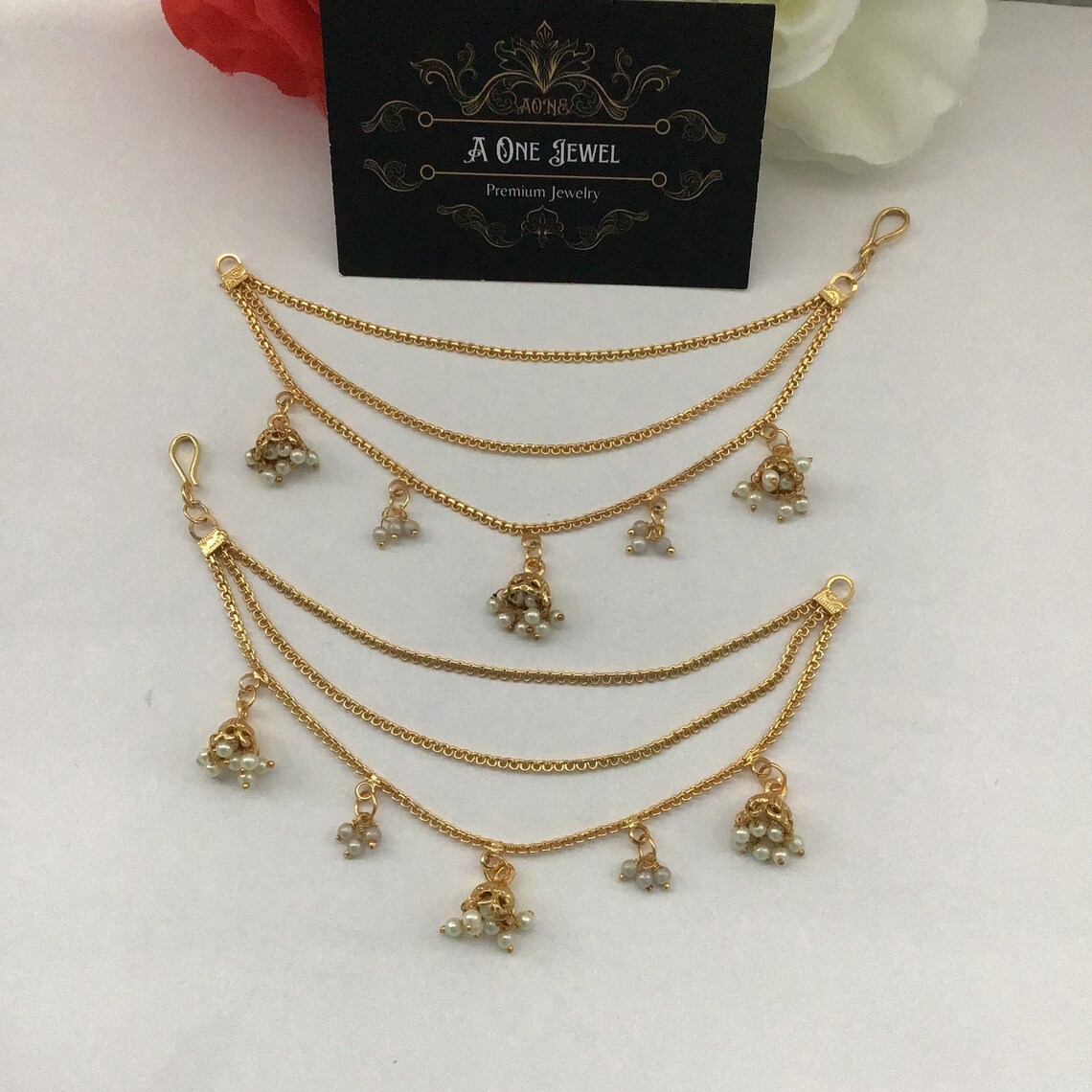 Gold Pearl Ear Chain, Indian Pakistani Jewelry, Detachable Sahara ...