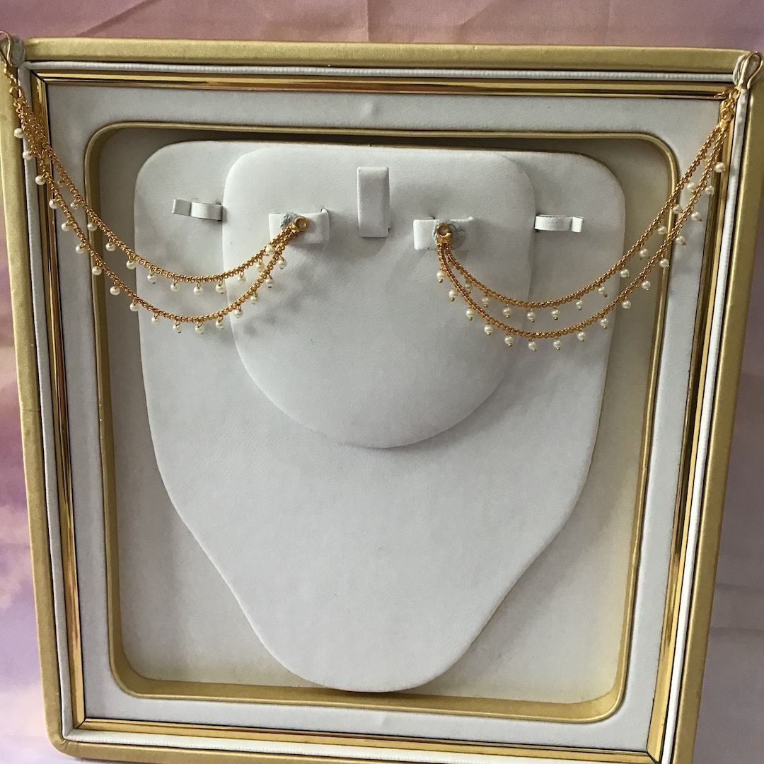 Sahara for Earrings, 2 Line Gold Pearl Ear Chain, Ear Support ...