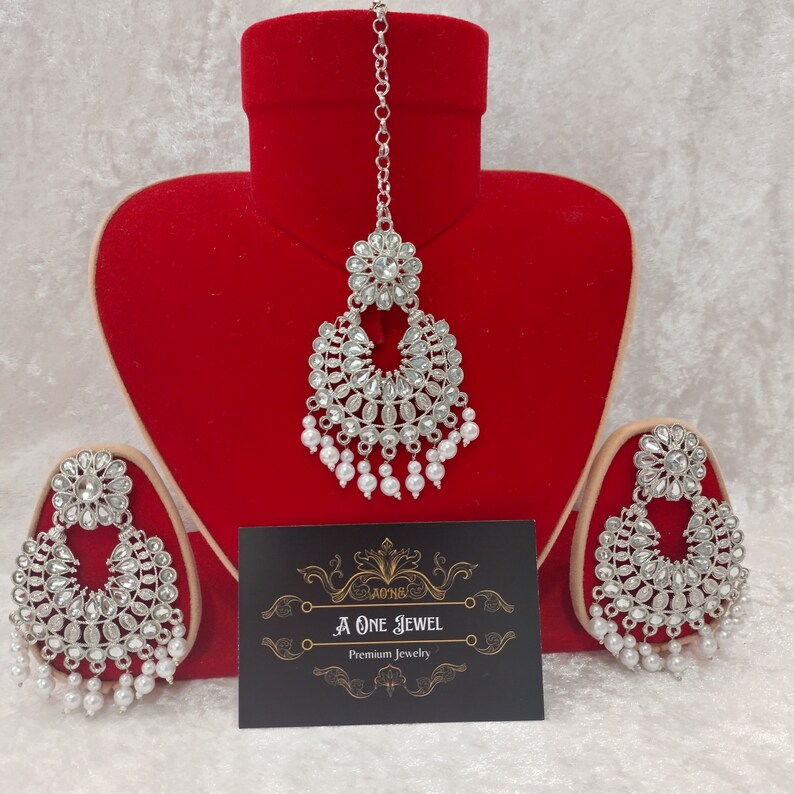 Kundan Chandbali Earrings and Tikka Set, Indian Jewelry - Etsy
