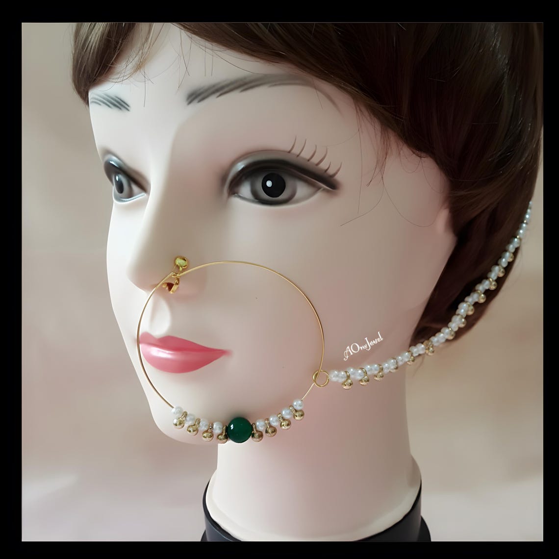 Indian Bridal Nath Pearl Nose Ring With Chain - Emerald Green Nose ...