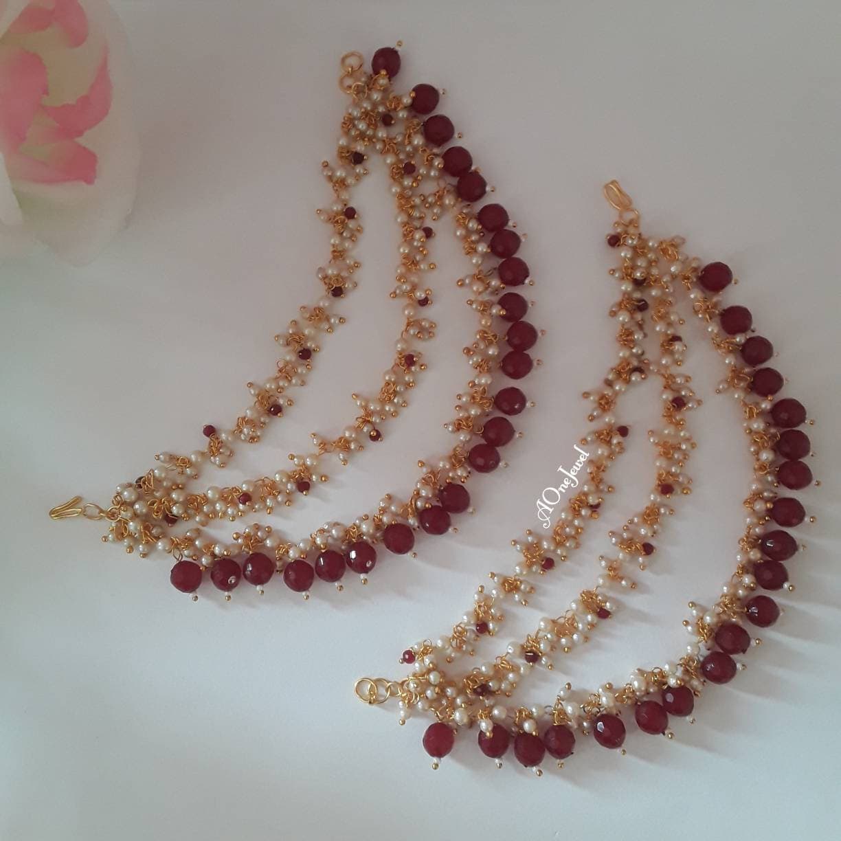 Sahara for Earrings Gold Plated Maroon Pearl Ear Chain Ear - Etsy