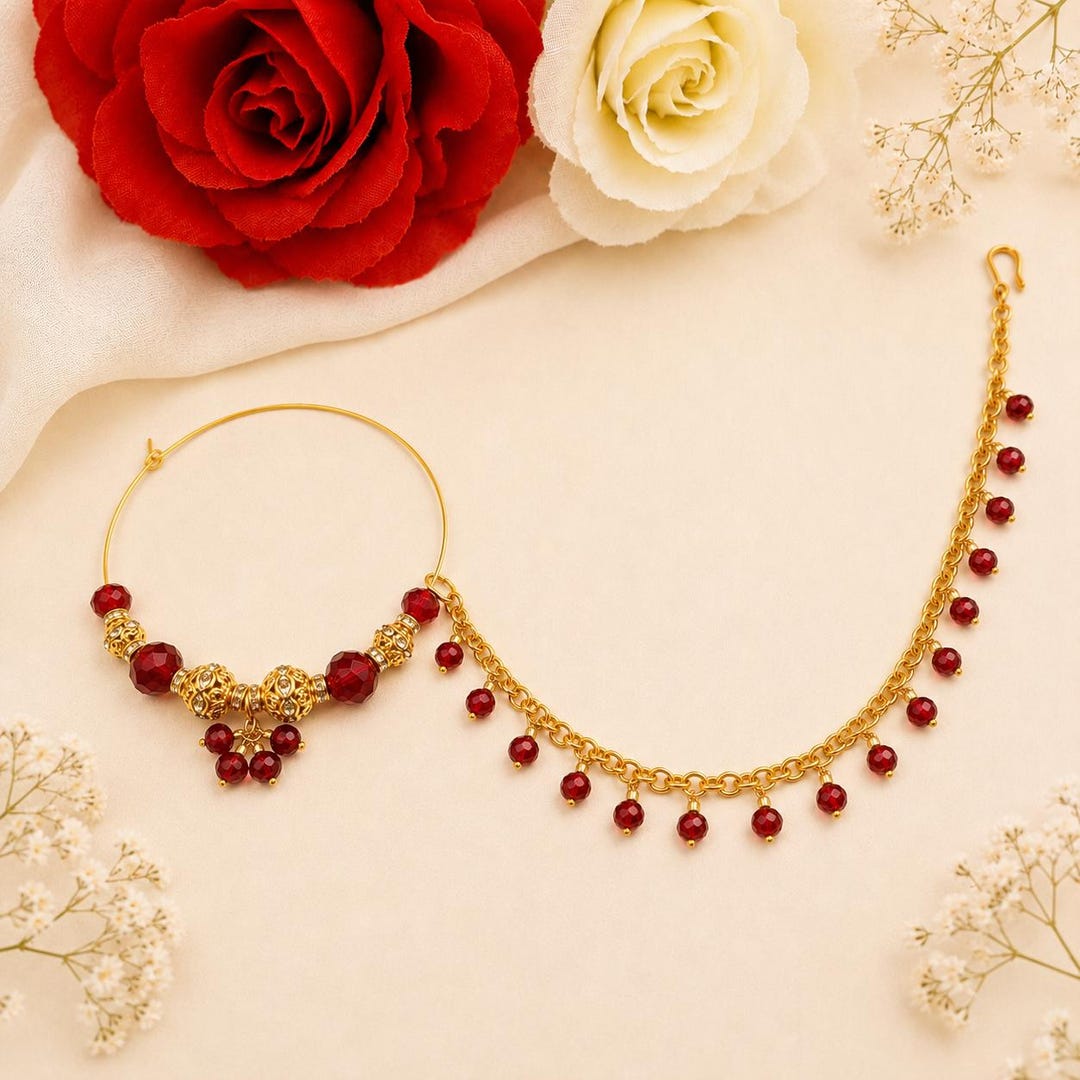 Indian Nose Hoop | Bright Red Crystal Nath Chain | Wedding Jewelry ...