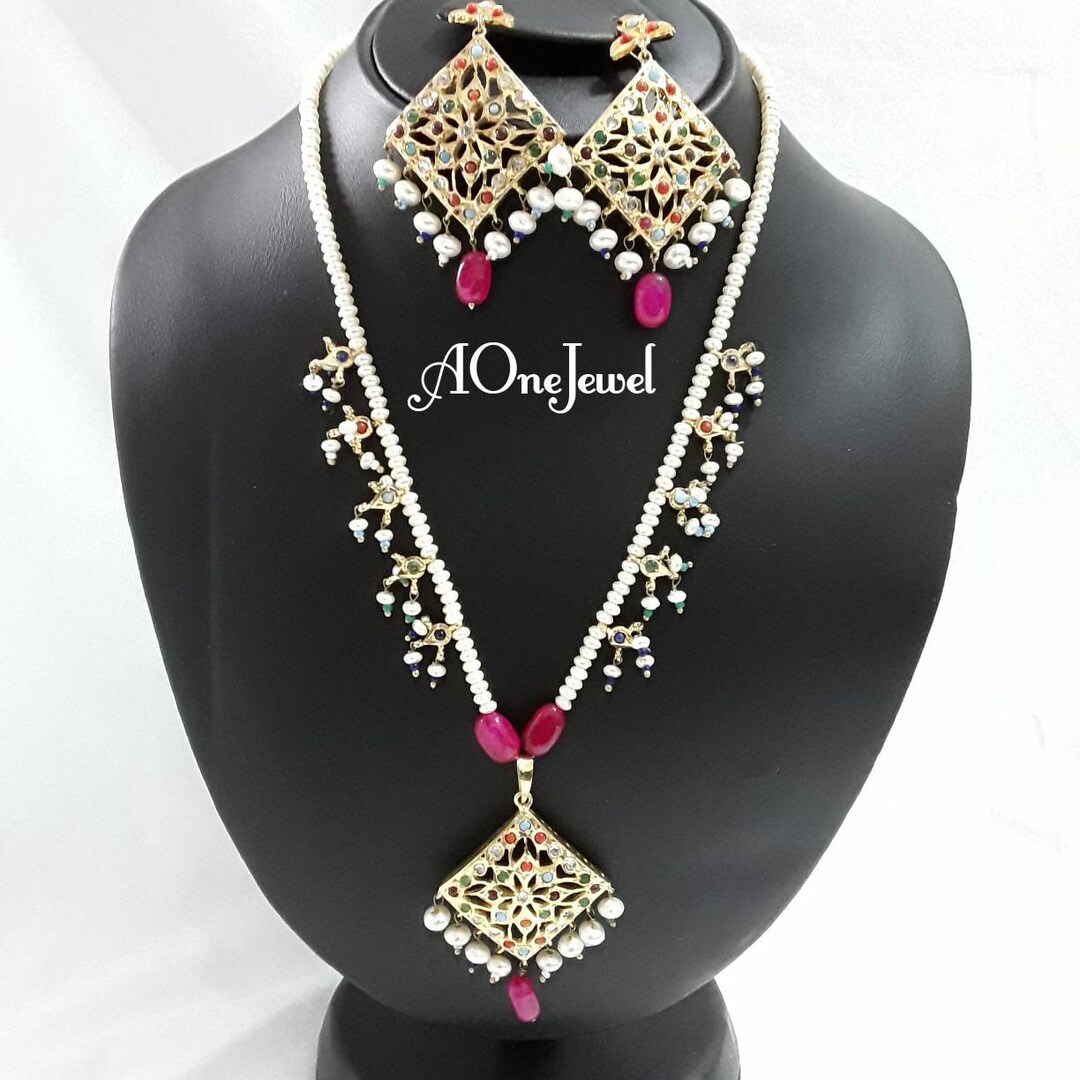 Hyderabadi Jadau Nauratan Necklace Set, Gold Plated Indian Jewelry - Etsy