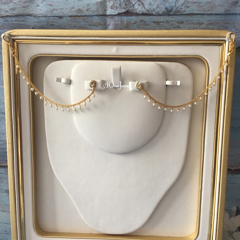 Sahara for Earrings, 1 Line Gold Pearl Ear Chain, Ear Support ...