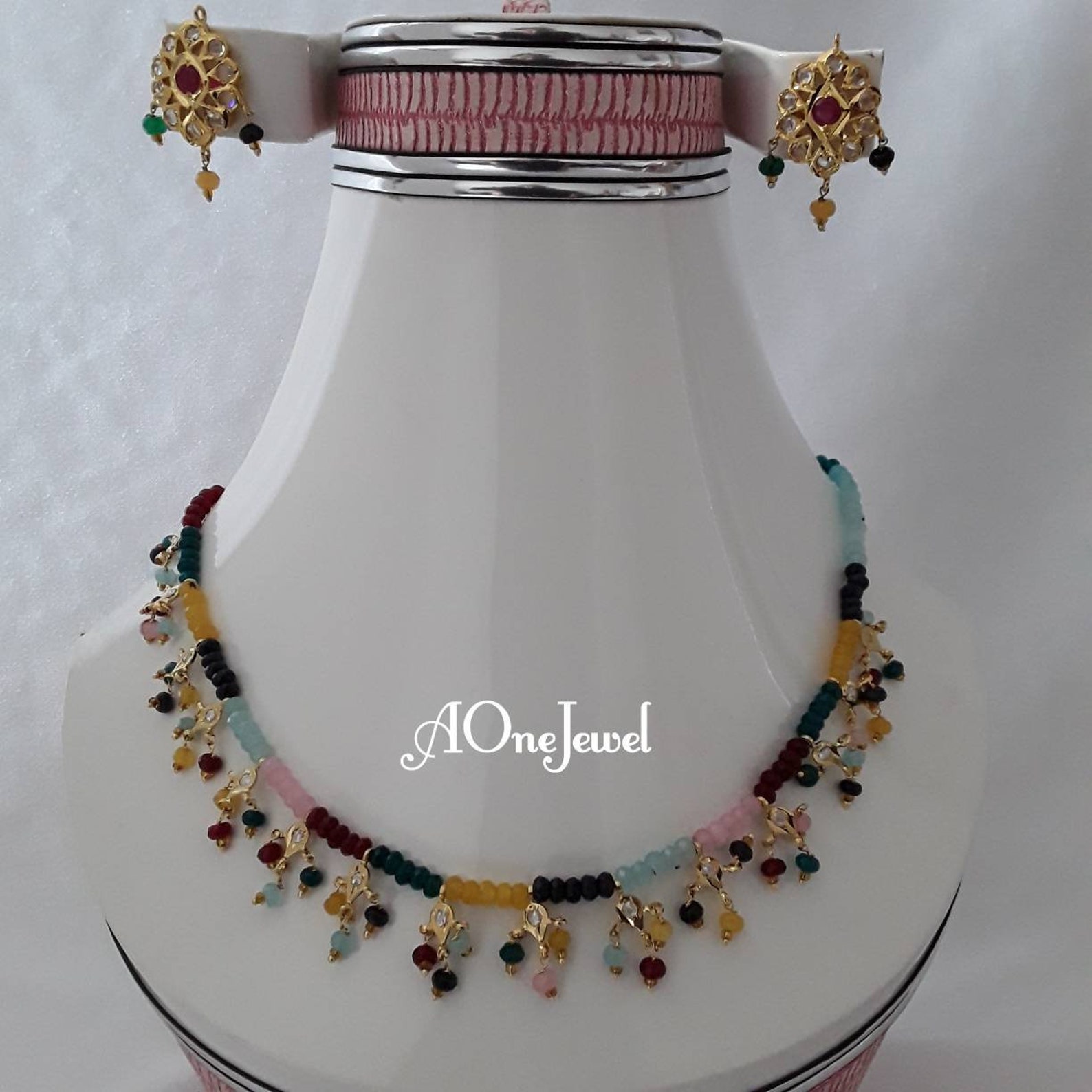 Hyderabadi Jadau Nauratan Necklace Set, Gold Plated Indian Jewelry - Etsy