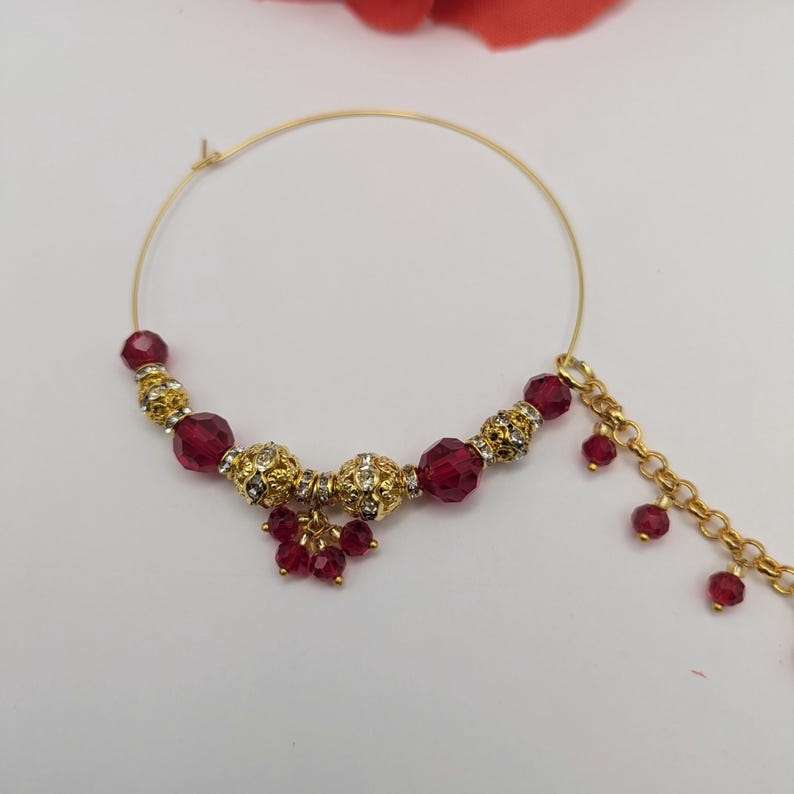 Indian Nose Hoop | Bright Red Crystal Nath Chain | Wedding Jewelry ...