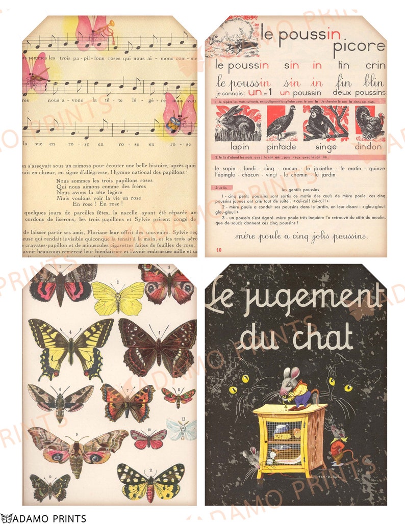 French Shabby Animal Journal Cards Flash Cards Digital | Etsy