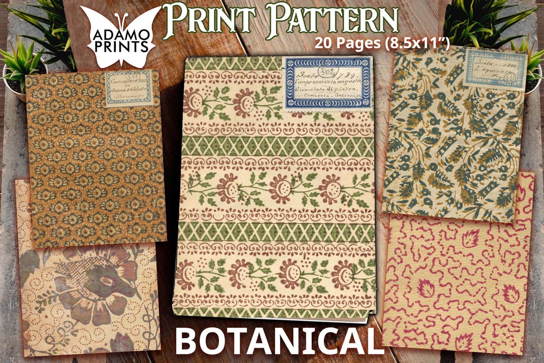 Botanical Block Print Pattern, Junk Journaling Kit, Paper for Journal ...