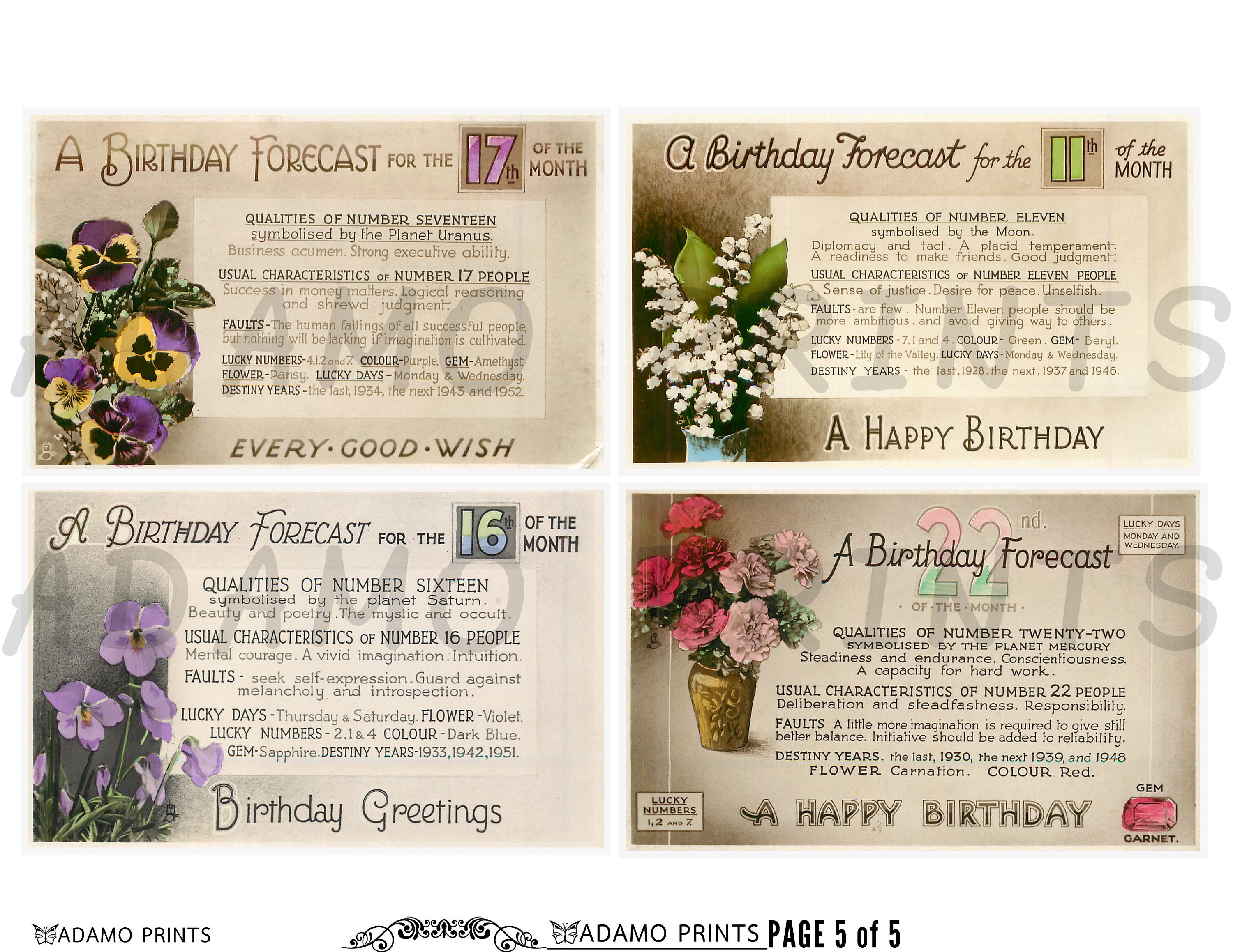 Birthday Postcards Digital Set1 Birthday Flower ATC - Etsy