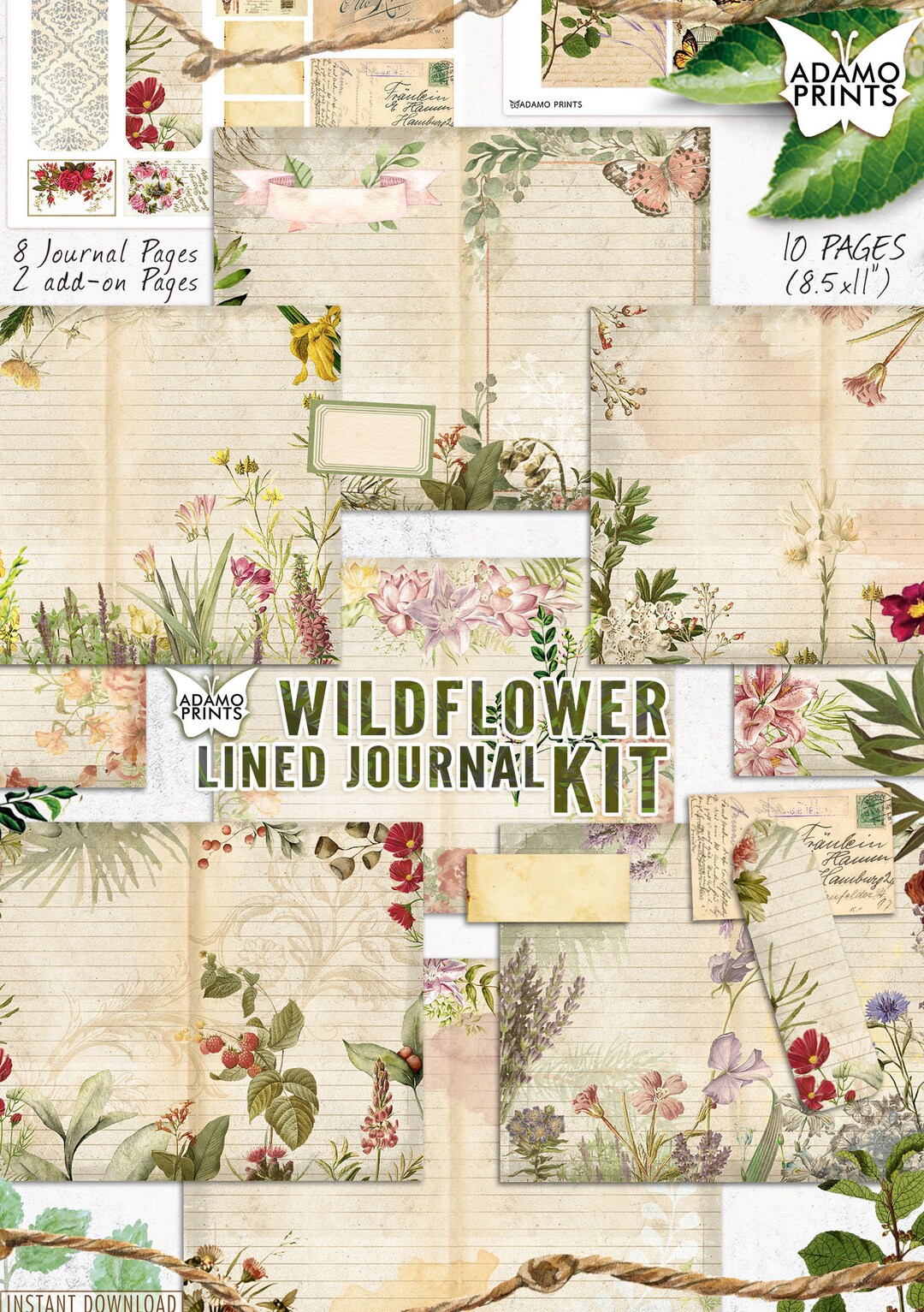 Wildflower Lined Journal Kit, Journal Page, Collage Sheets, Botanical ...