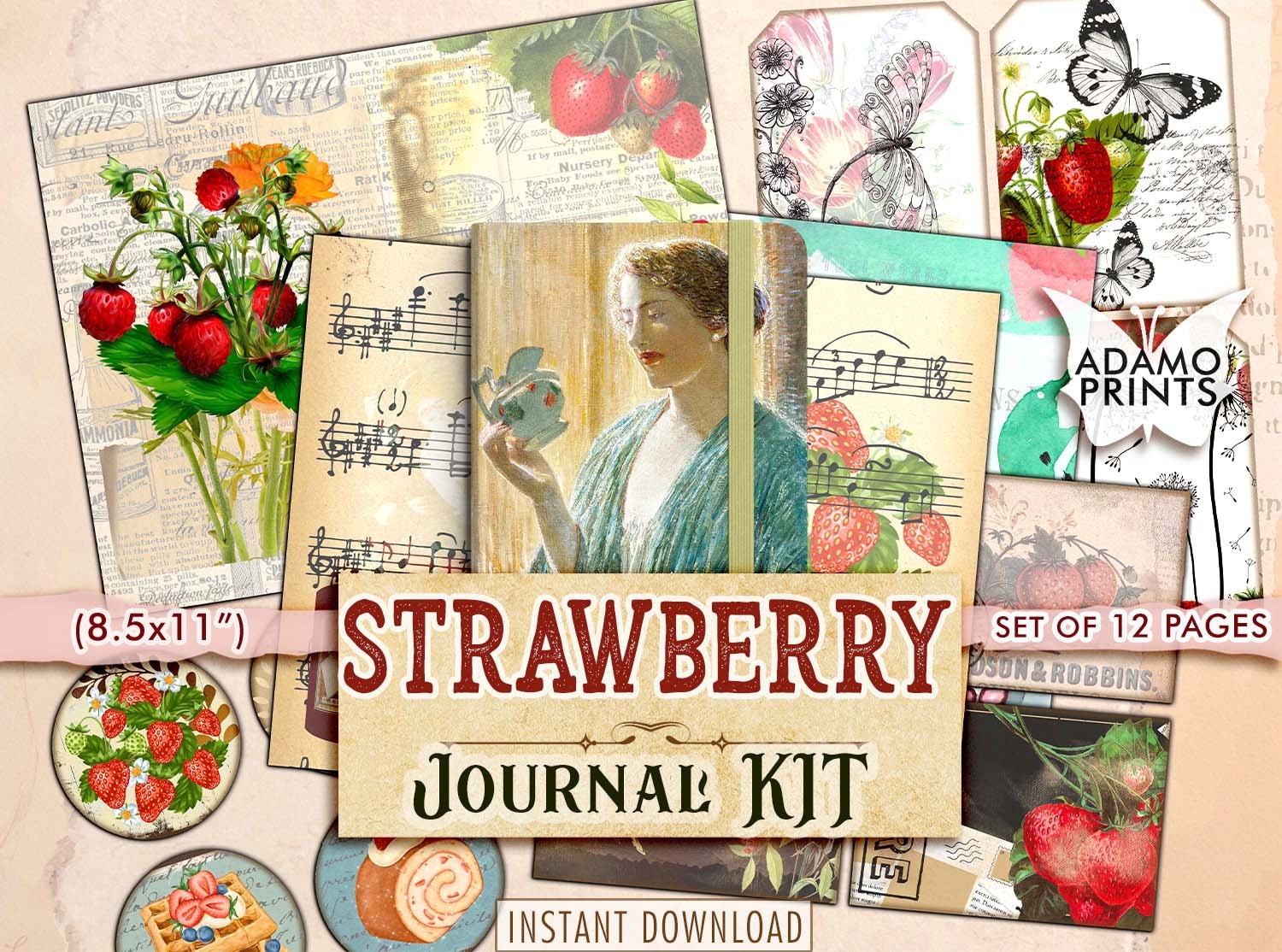 Strawberry Journal KIt Journal Page Collage Sheets Fruit | Etsy