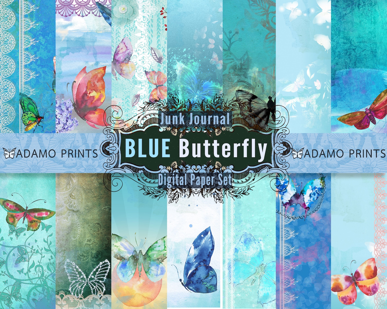 Butterfly Blue Digital Paper, Colorful Paper, Lace, Digital Download ...
