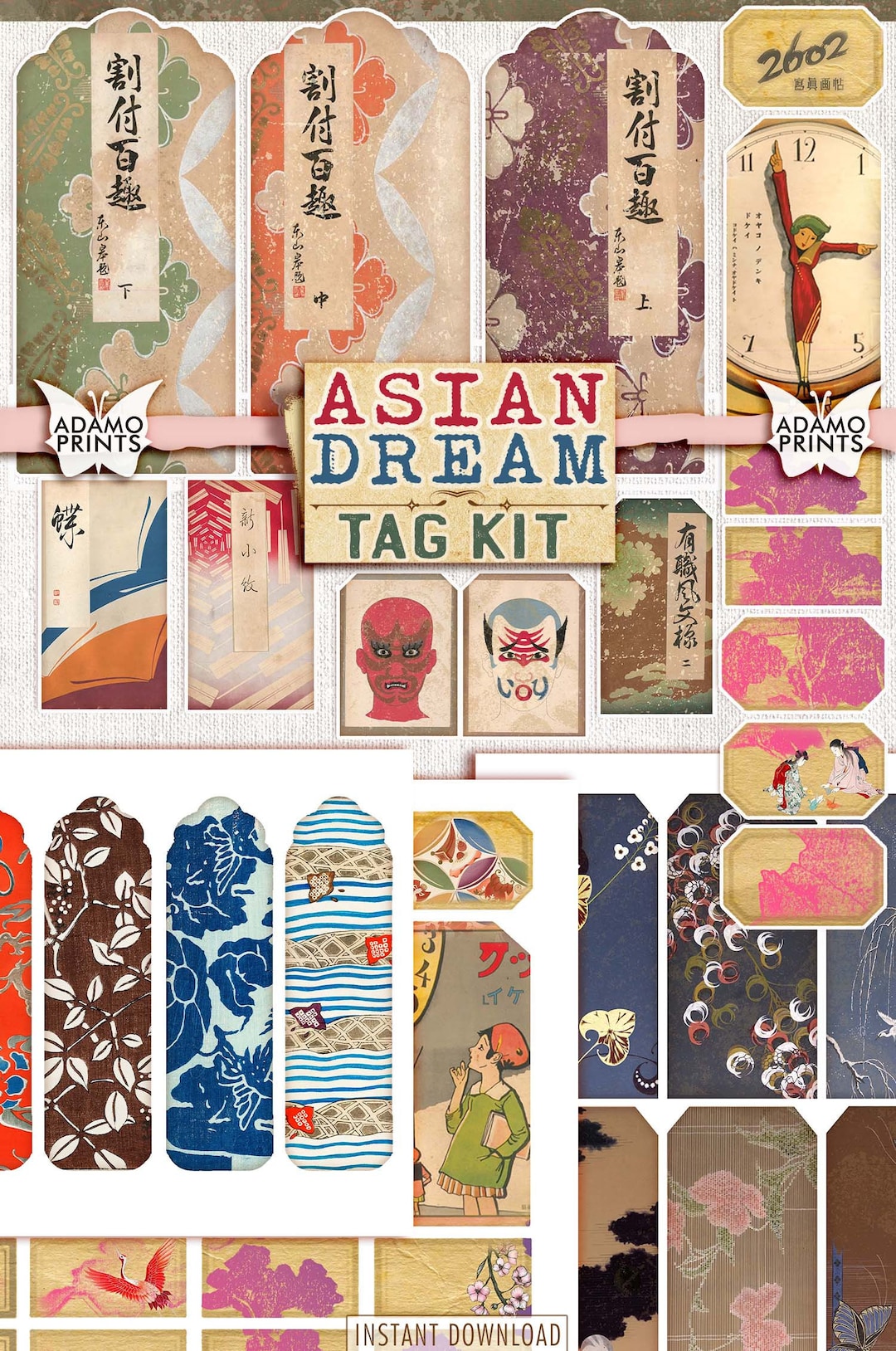Asian Dream Tag Kit, Collage Tag, Flower, Digital Tag, Ephemera ...