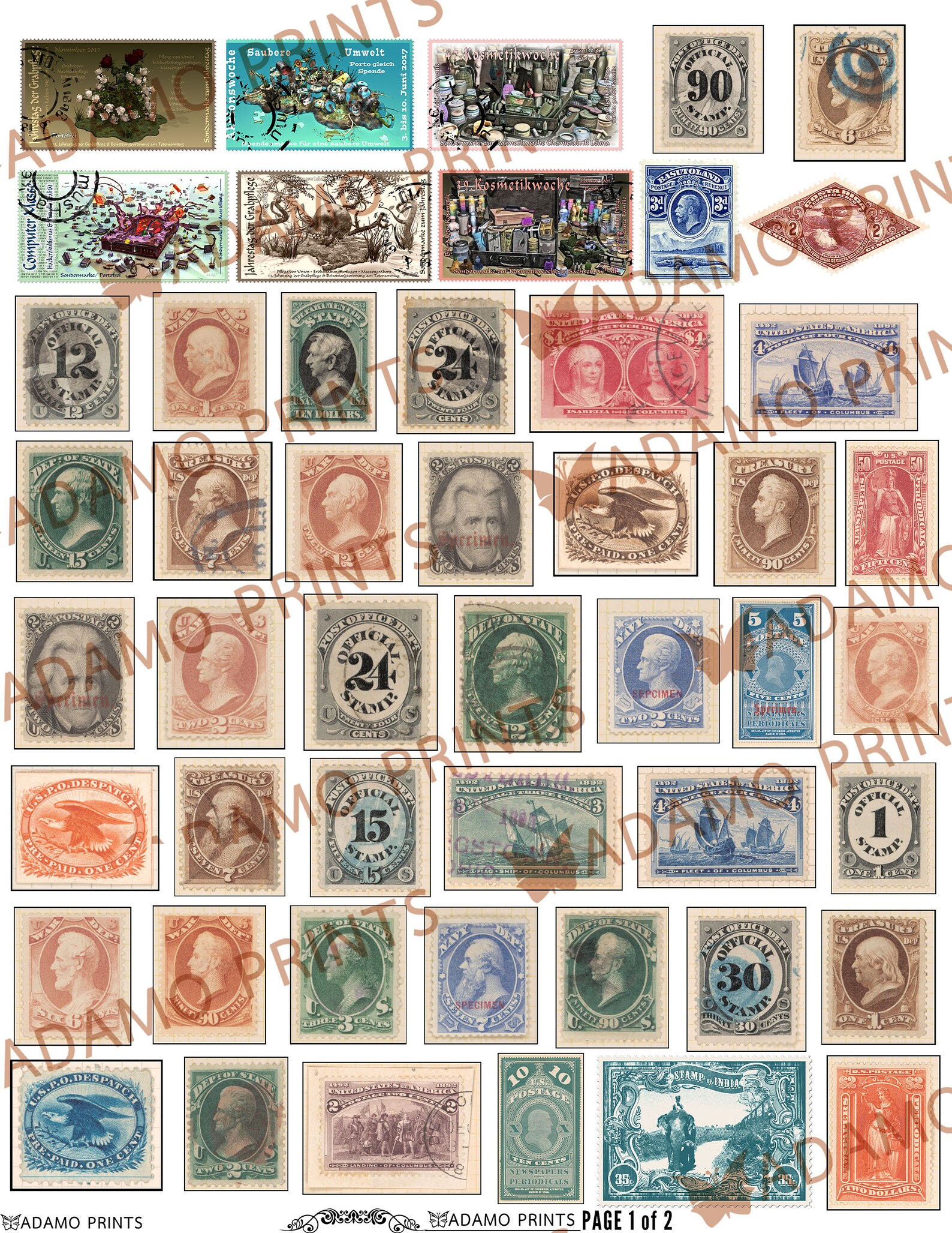 Old Postage Stamps Faux Stamp Ephemera Kit Digital Stamps | Etsy