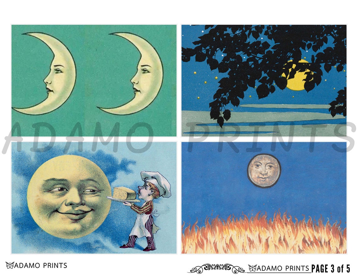 Moon Face Harvest Moon Face Moon Ephemera ATC Cards - Etsy