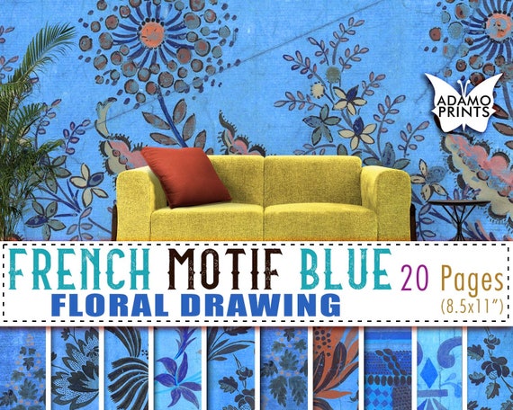 French Motif Blue Floral Drawing French Pattern Junk - Etsy
