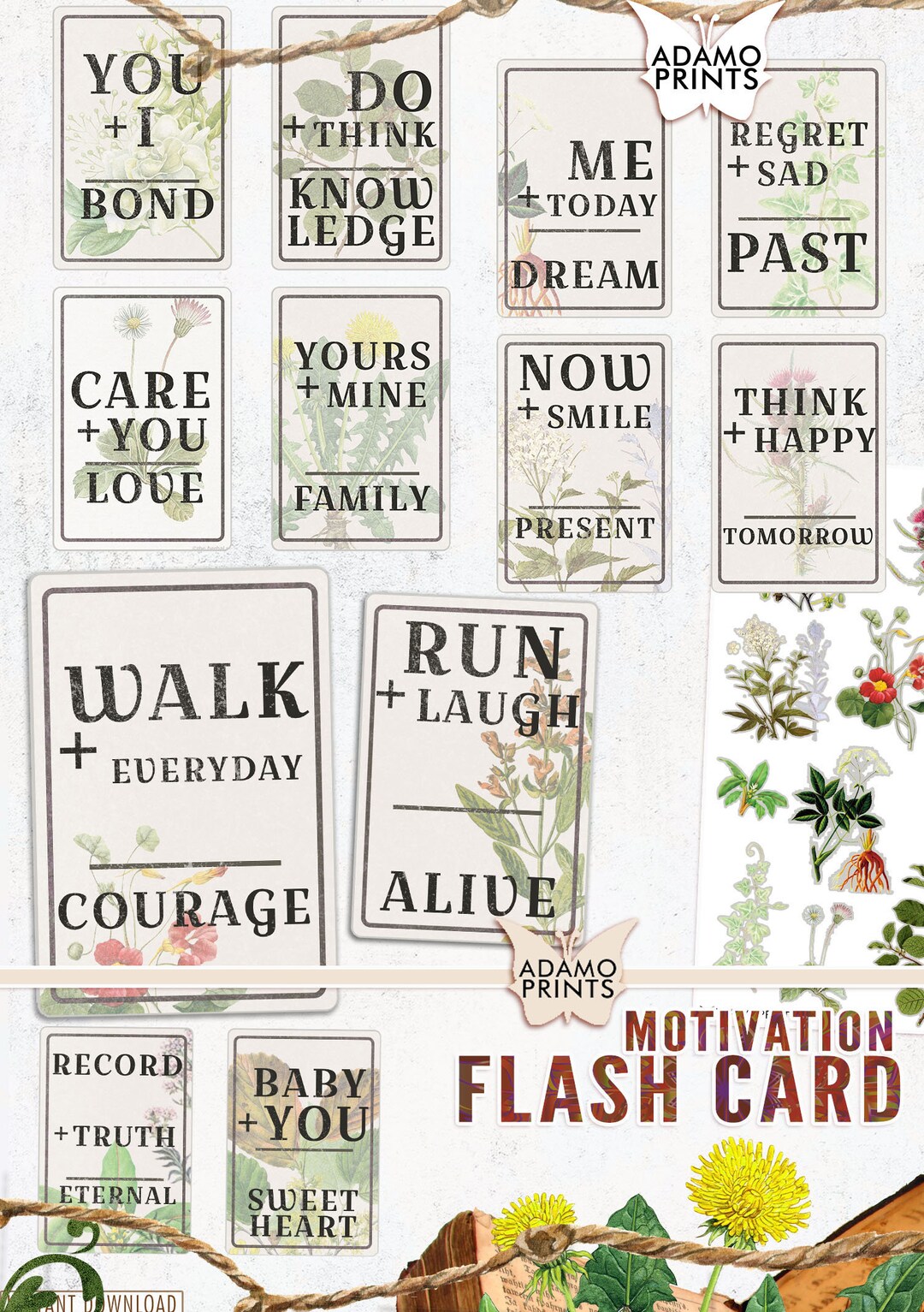 Motivation Flash Card, Shabby Card, Junk Journal Kit, Collage Sheets ...