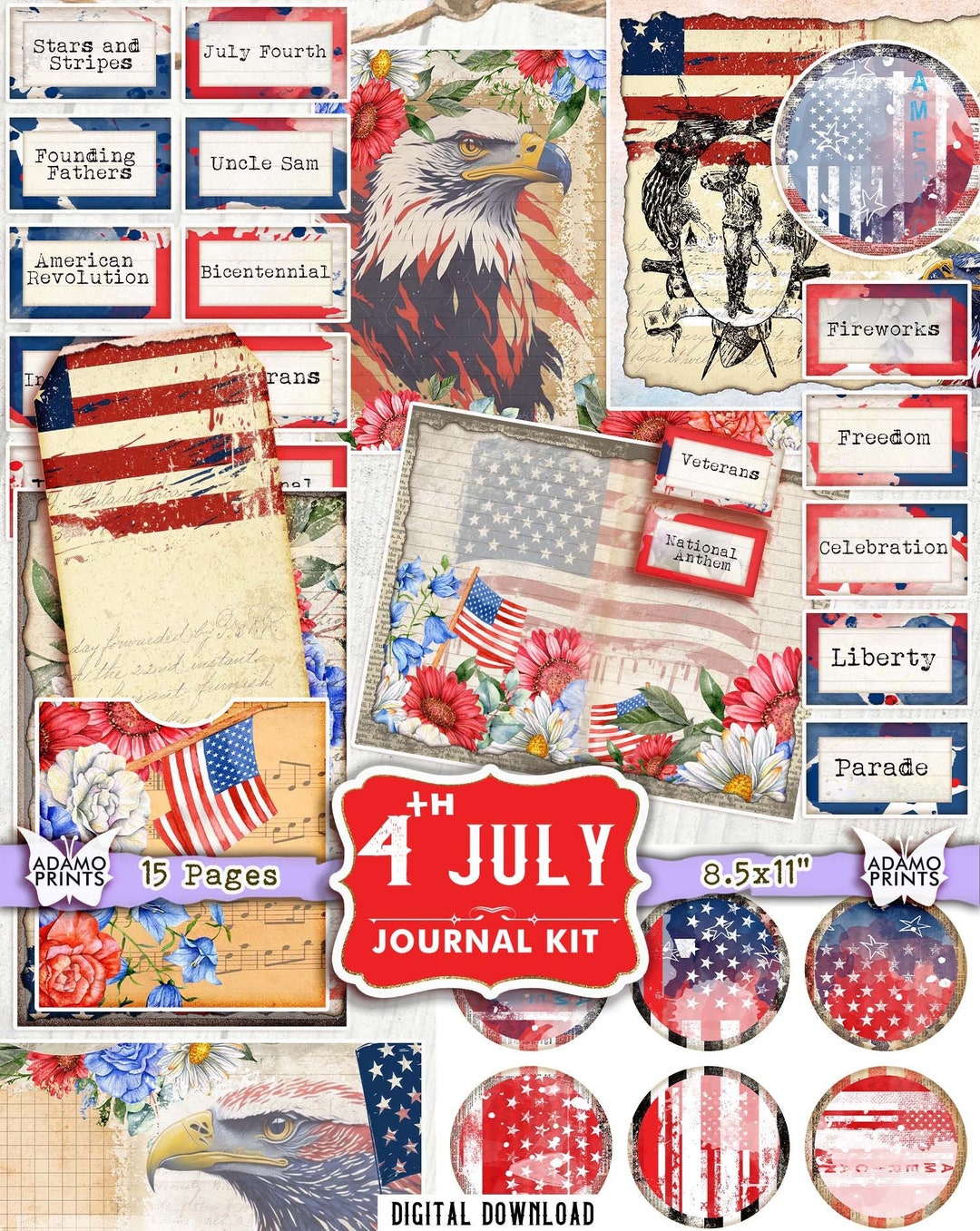 4th of July Journal Kit, Independence Day, Journal Page, Blank & Lined ...