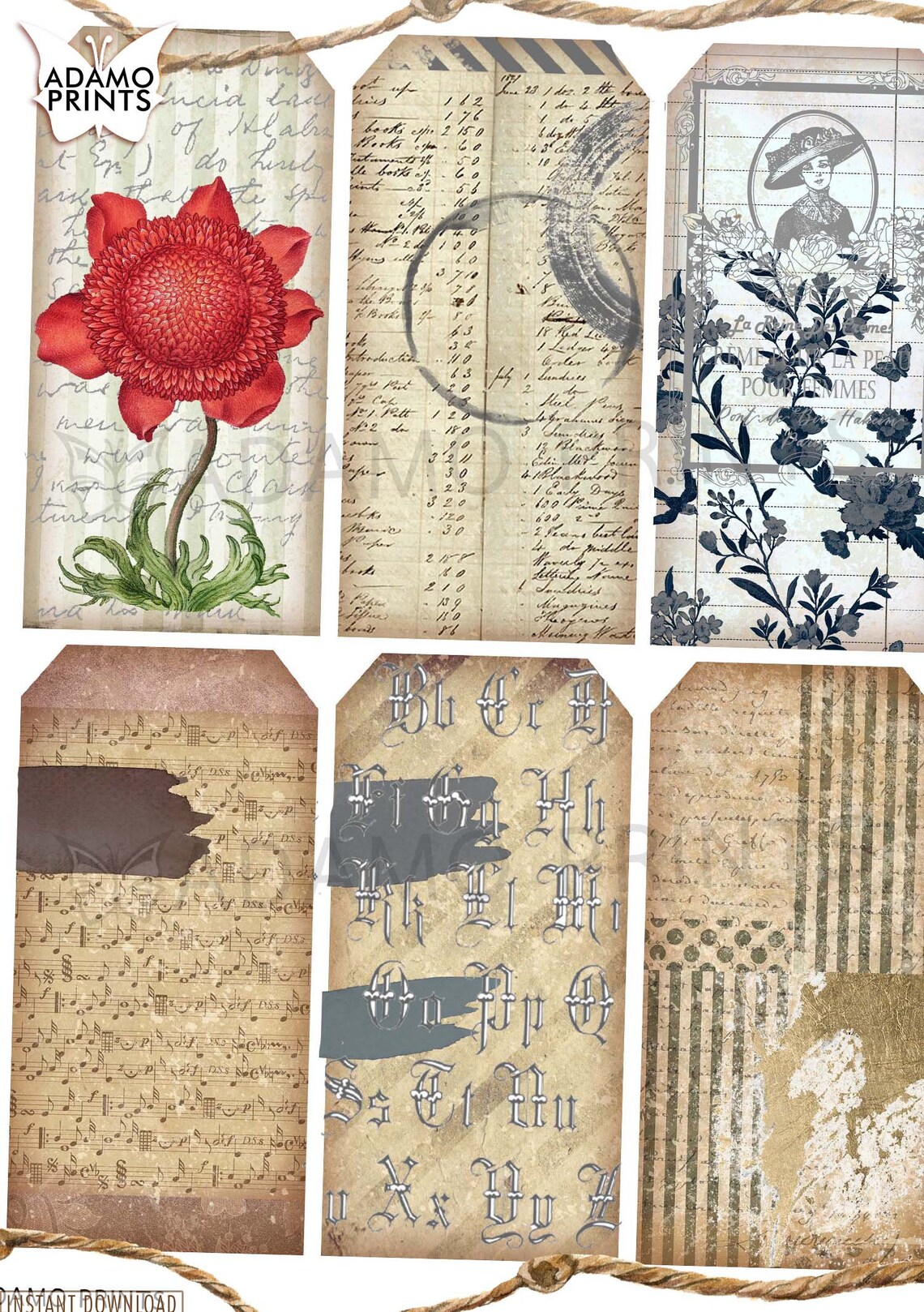 Script & Stripe Label Tag Kit Junk Journaling Kit Collage | Etsy