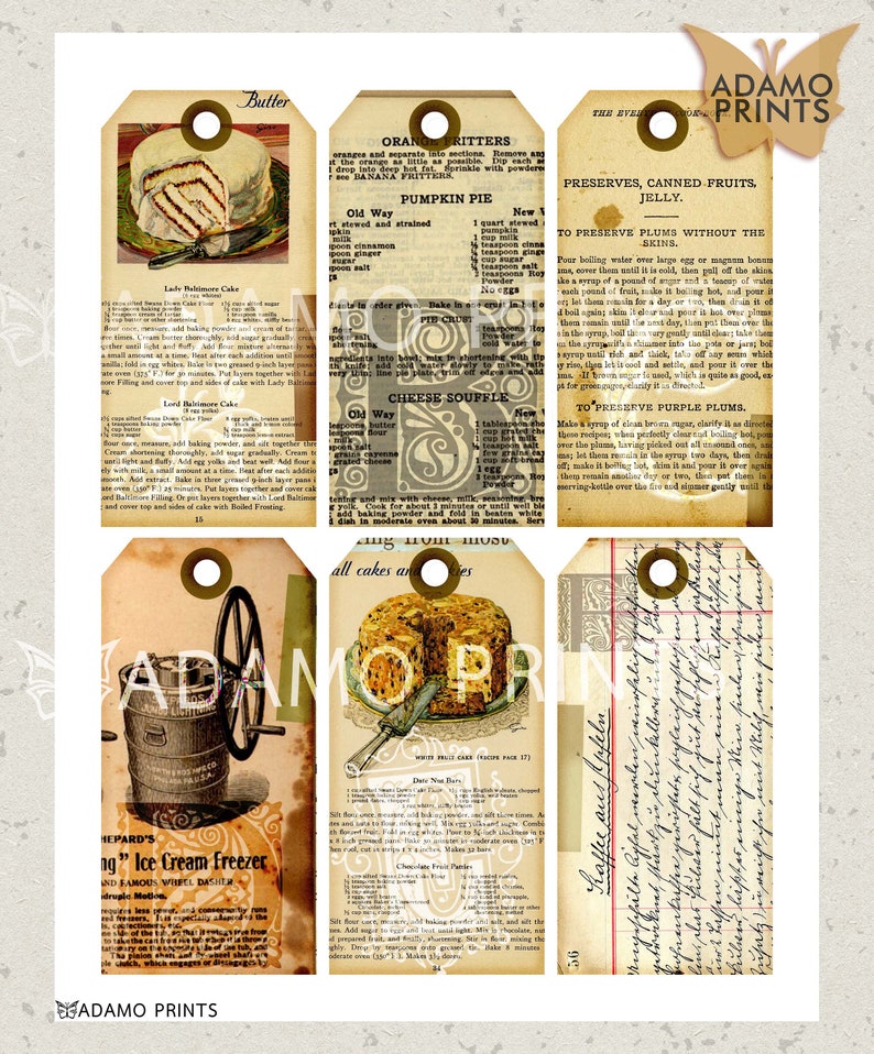 Aged Recipe Tags Printable Vintage Tag Collage Sheet | Etsy