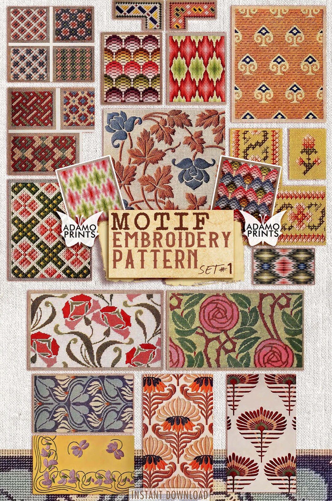 Motif Embroidery Pattern Set1, Flower, Ephemera Classic, Vintage Art ...